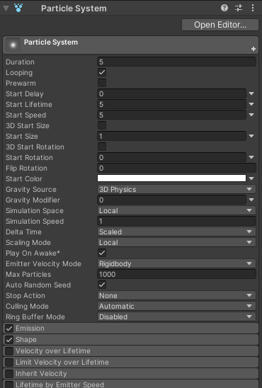 Компонент Unity Particle System у вікні інспектора.